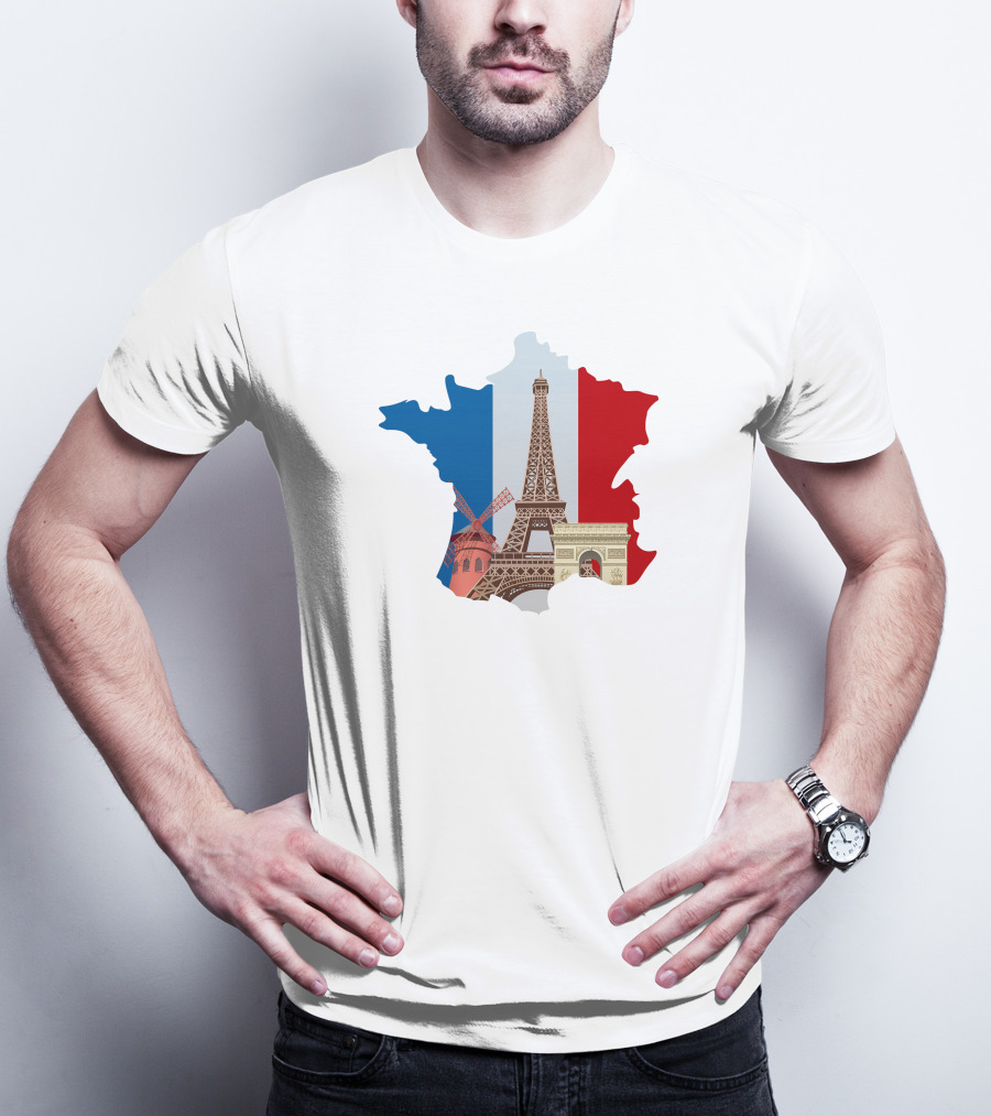 France Map With Eiffel Tower And Moulin Rouge On Tricolor Flag T-Shirt