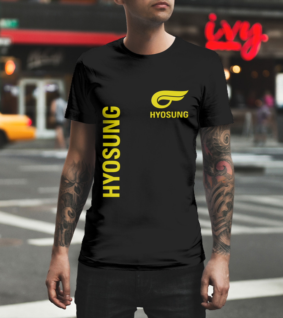 HYOSUNG Logo Stylized Yellow Text Brand T-Shirt