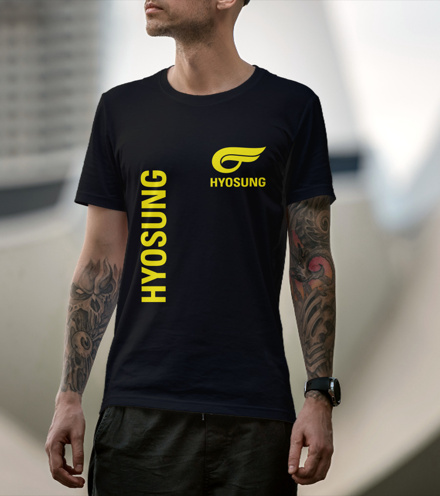 HYOSUNG Logo Stylized Yellow Text Brand T-Shirt