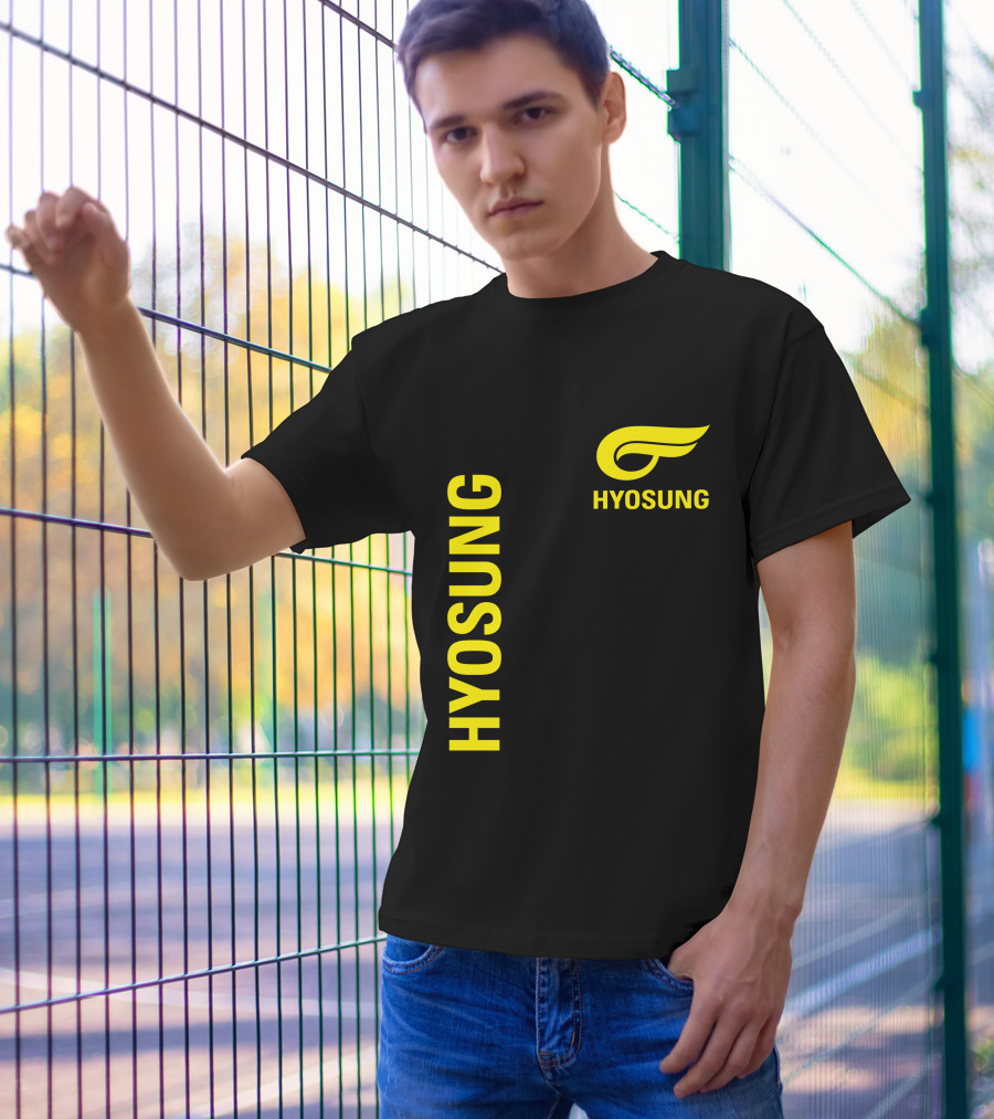 HYOSUNG Logo Stylized Yellow Text Brand T-Shirt