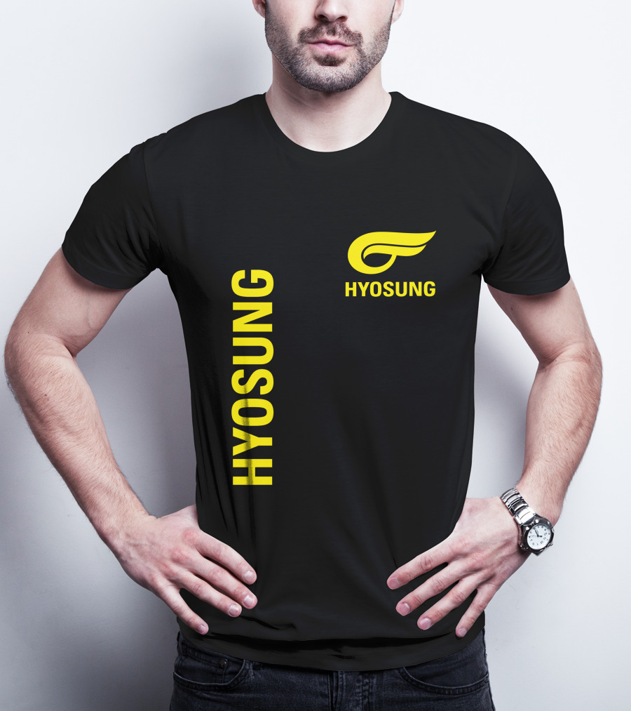 HYOSUNG Logo Stylized Yellow Text Brand T-Shirt