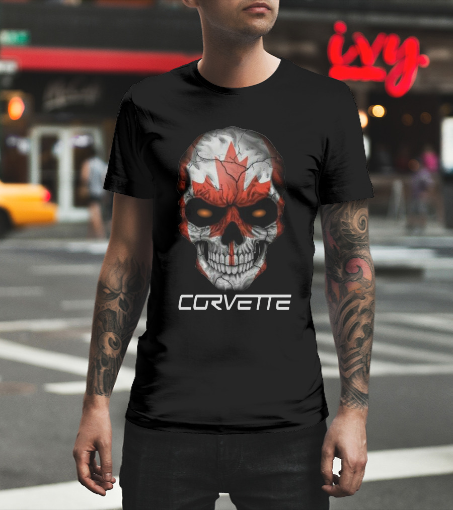 CORVETTE Canada Skull With Red Maple Leaf T-Shirt