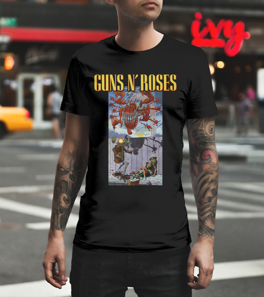 Guns N' Roses Illustrative Scene Featuring Intricate Characters And Dynamic Elements T-Shirt