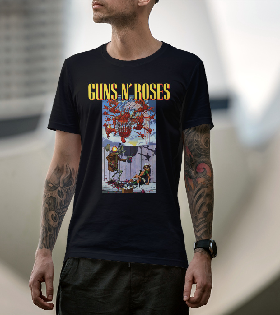 Guns N' Roses Illustrative Scene Featuring Intricate Characters And Dynamic Elements T-Shirt