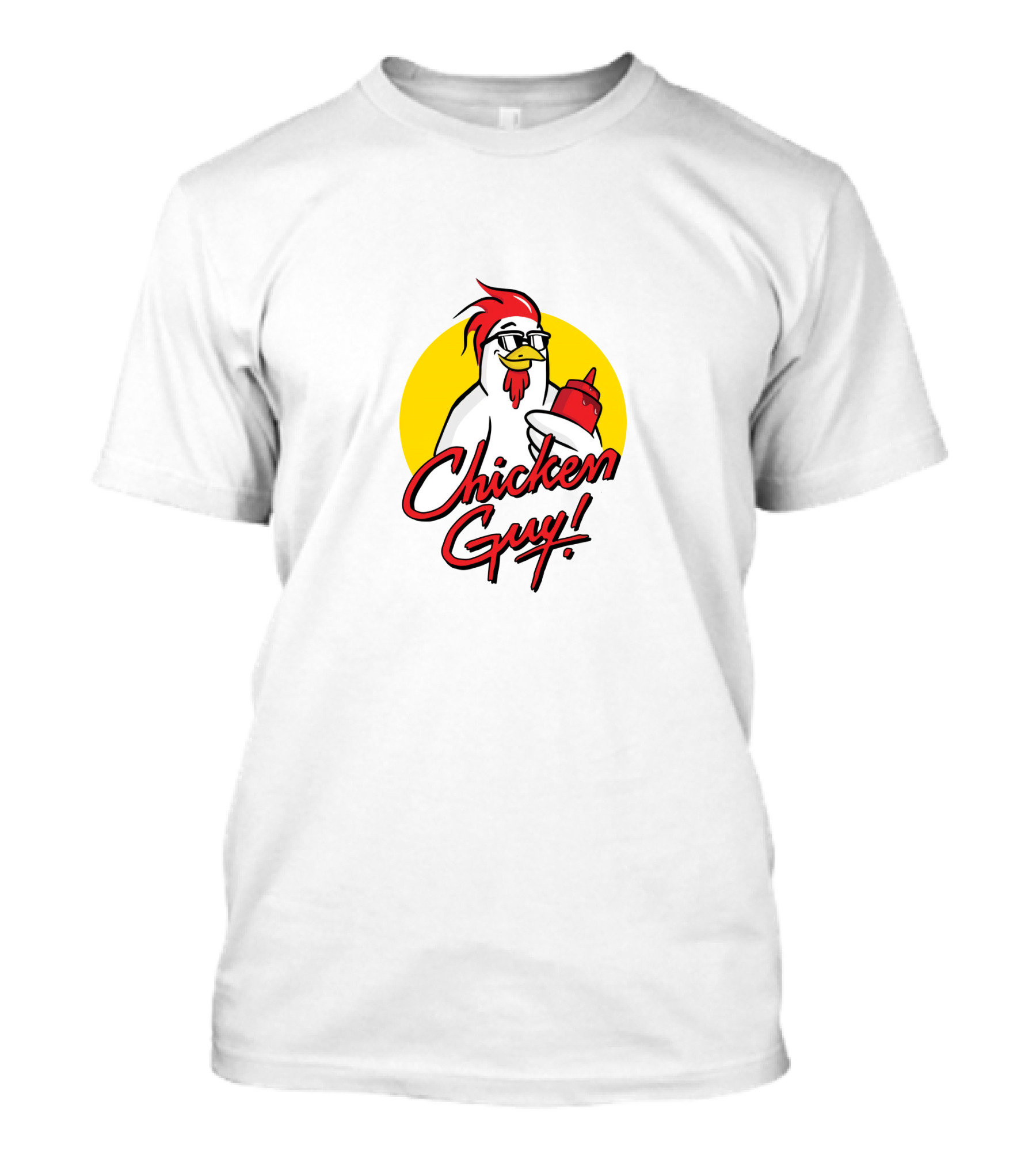 Chicken Guy Holding Sauce Bottle In Yellow Circle T-Shirt