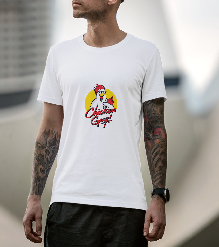 Chicken Guy Holding Sauce Bottle In Yellow Circle T-Shirt