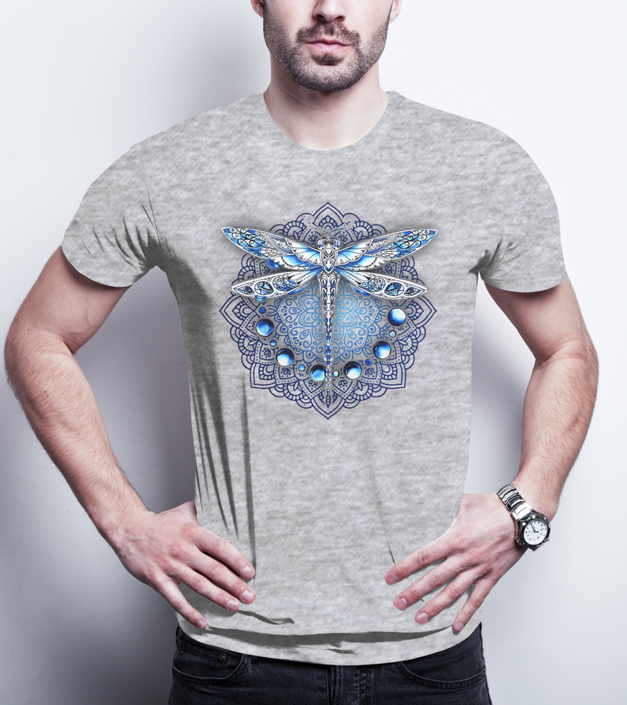 FLY GRADON Intricate Mandala Dragonfly Blue Gem Elements T-Shirt