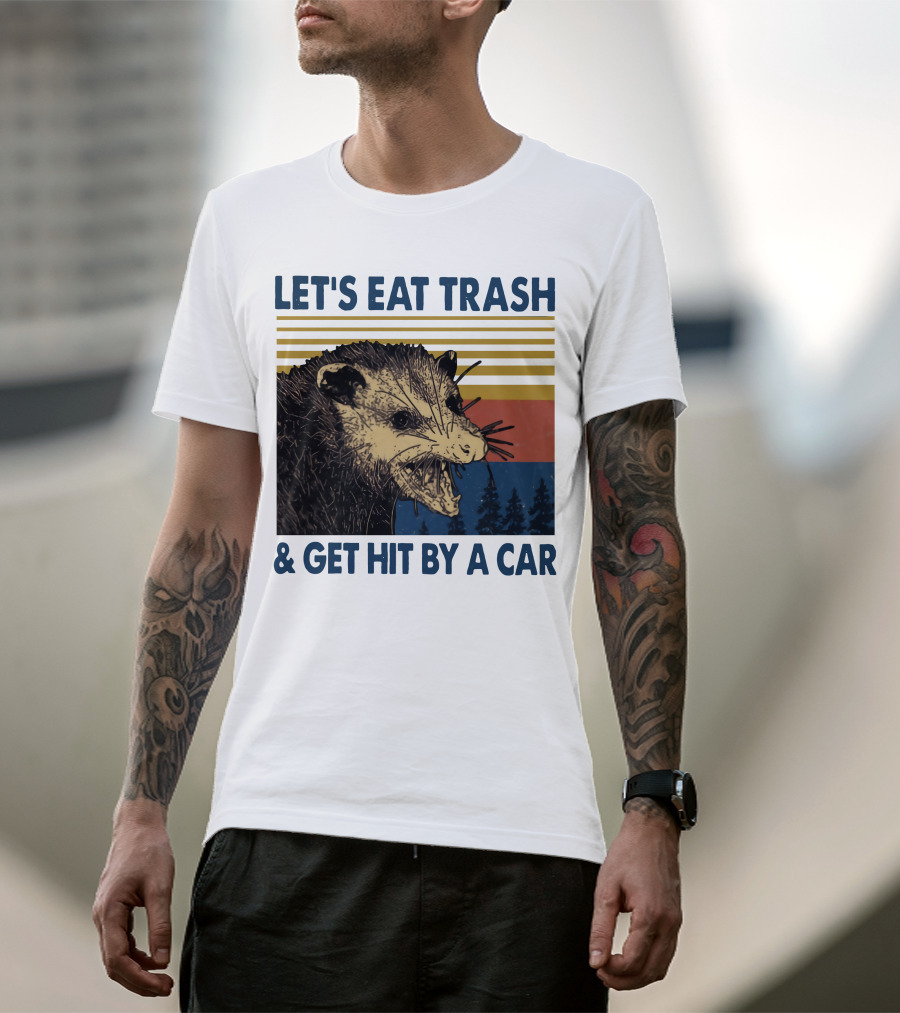 LET'S EAT TRASH And GET HIT BY A CAR Opossum Vintage Retro Stripe Forest T-Shirt