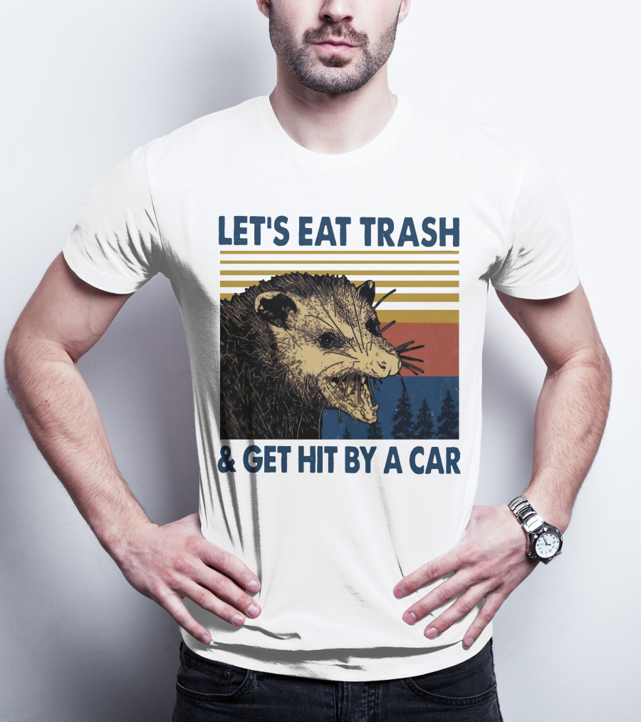 LET'S EAT TRASH And GET HIT BY A CAR Opossum Vintage Retro Stripe Forest T-Shirt