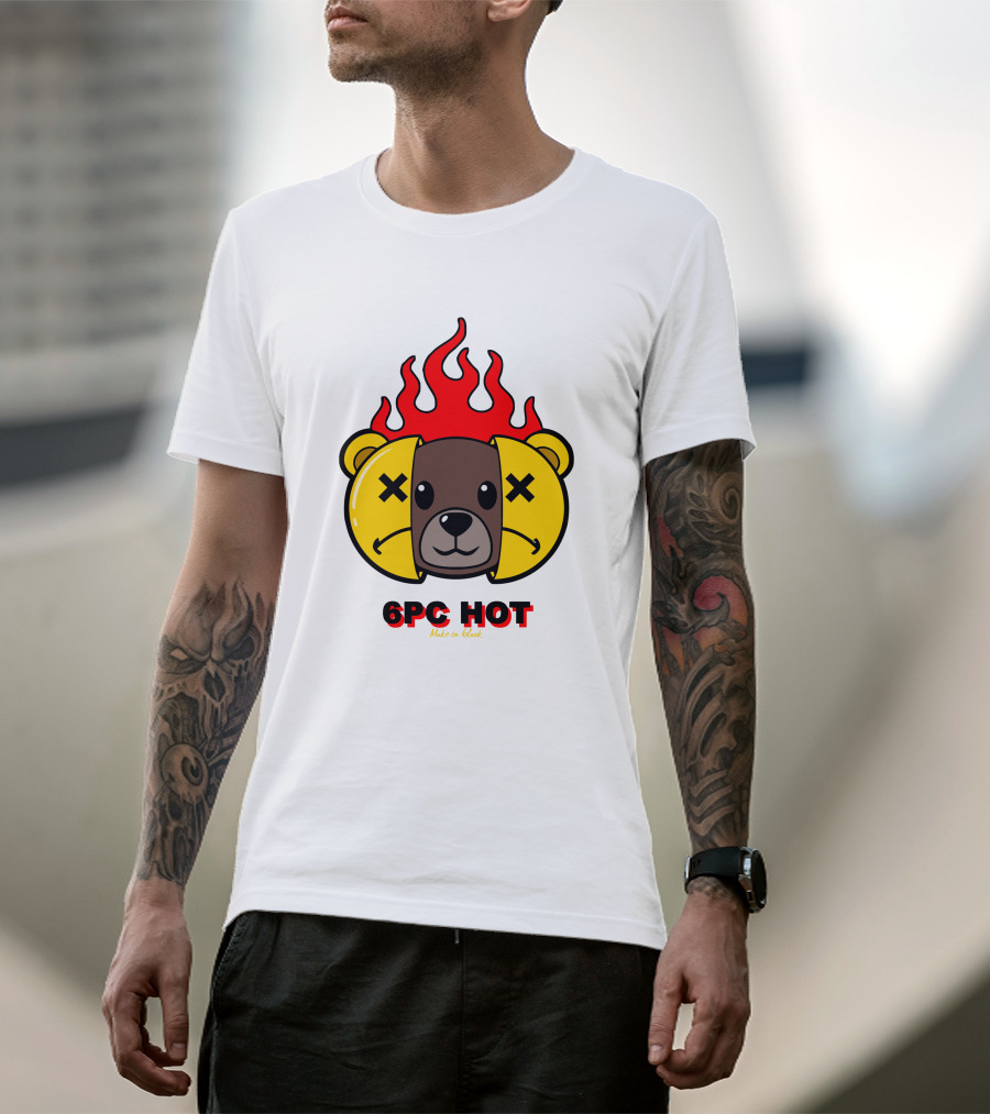 6pc Hot Make On Black Flame Bear T-Shirt