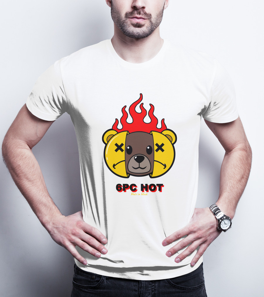 6pc Hot Make On Black Flame Bear T-Shirt