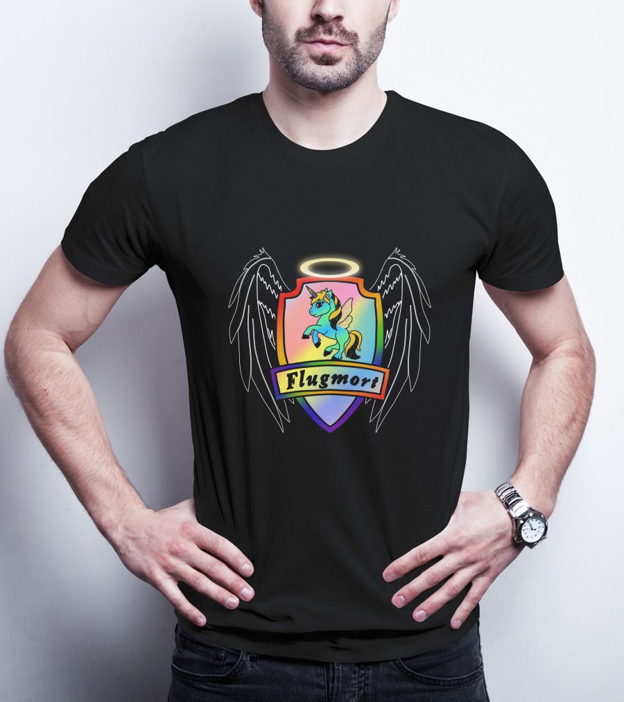 Flugmort Rainbow Unicorn Crest With Black Angel Wings Halo T-Shirt