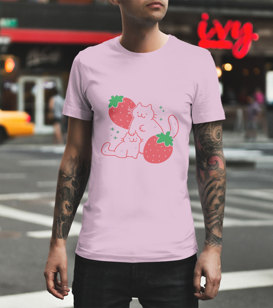 Crowlines Shop Strawberry Cat And Kitten With Stars And Strawberries T-Shirt