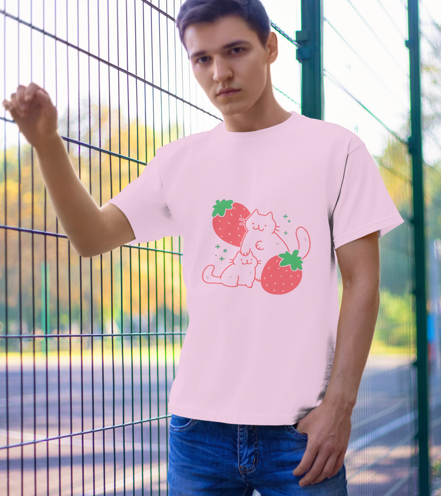Crowlines Shop Strawberry Cat And Kitten With Stars And Strawberries T-Shirt