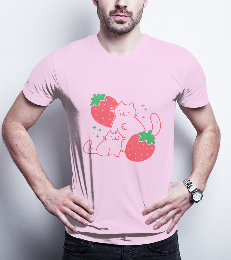 Crowlines Shop Strawberry Cat And Kitten With Stars And Strawberries T-Shirt