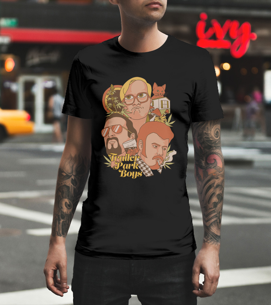 Trailer Park Boys Faces With Cat And Trailer T-Shirt