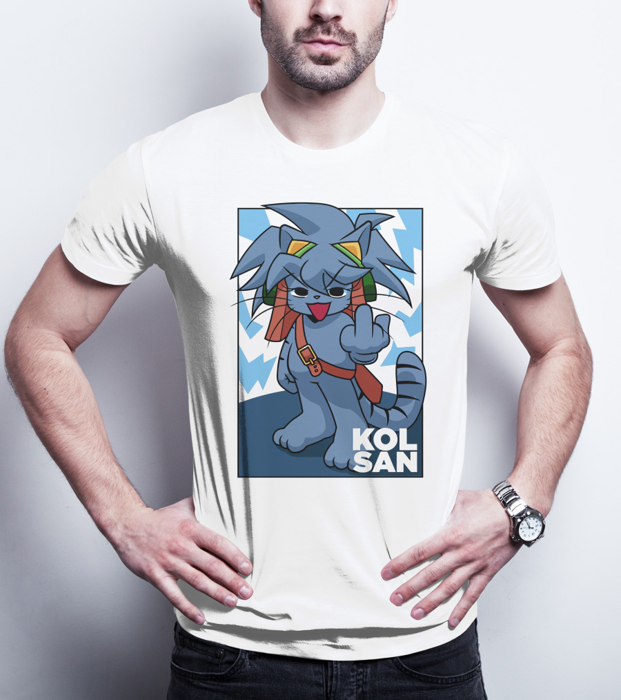Kolsan Attitude Blue Cat Character With Lightning Bolt Background T-Shirt