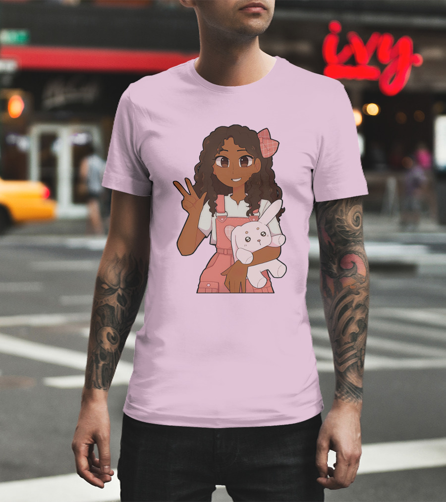 Akeila Merch Anime Style Character With Pink Overalls And Stuffed Bunny T-Shirt