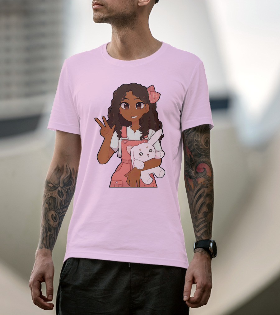 Akeila Merch Anime Style Character With Pink Overalls And Stuffed Bunny T-Shirt