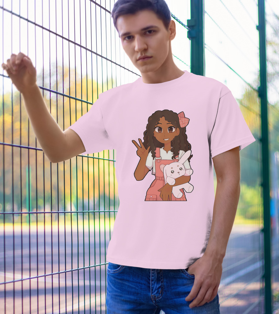 Akeila Merch Anime Style Character With Pink Overalls And Stuffed Bunny T-Shirt