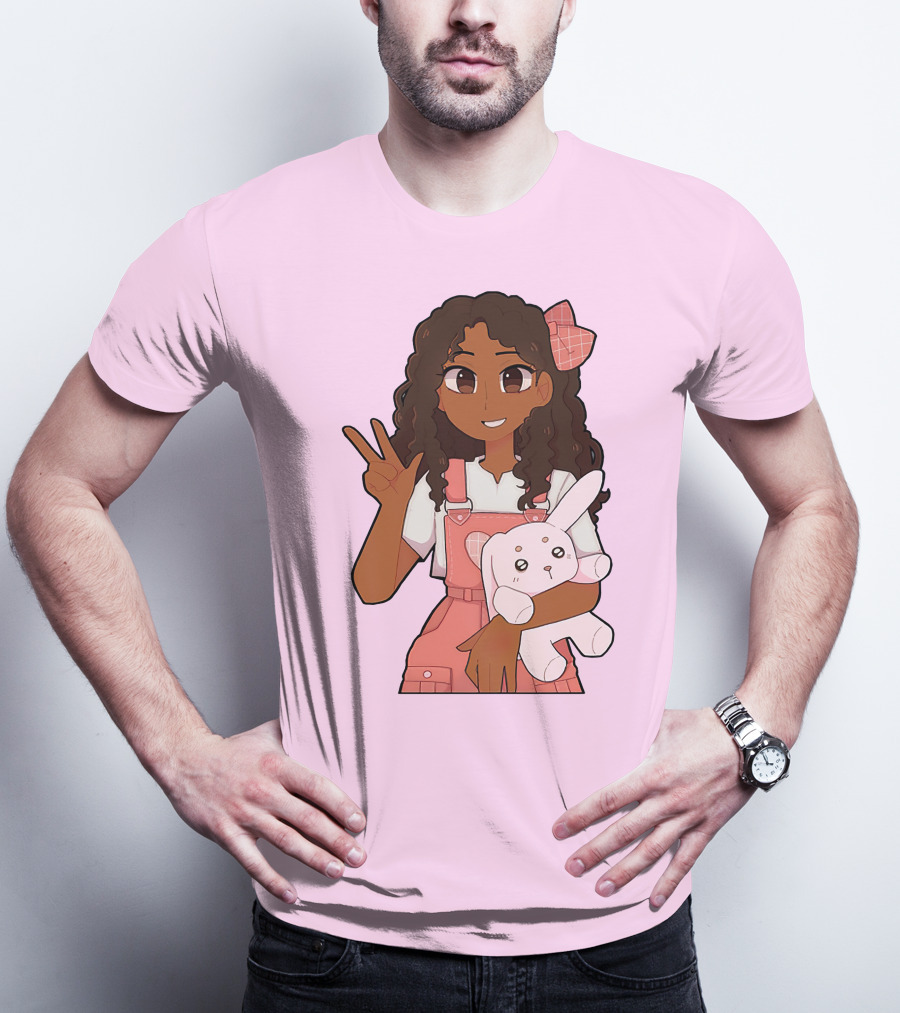 Akeila Merch Anime Style Character With Pink Overalls And Stuffed Bunny T-Shirt