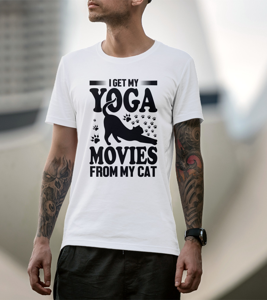 I Get My Yoga Moves And Inspiration From My Cat With Paw Prints And Stretching Cat T-Shirt