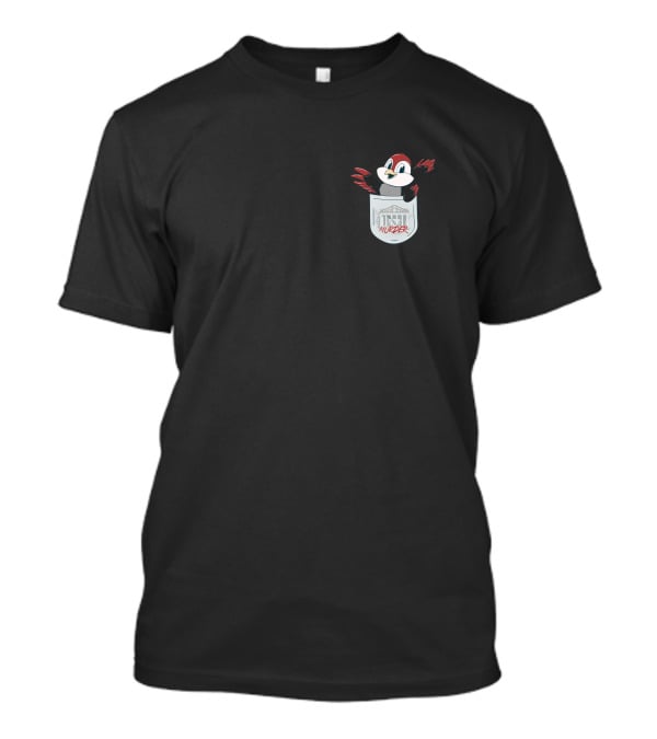 Pocket Robin Cartoon With Murder Text And Small Town House T-Shirt
