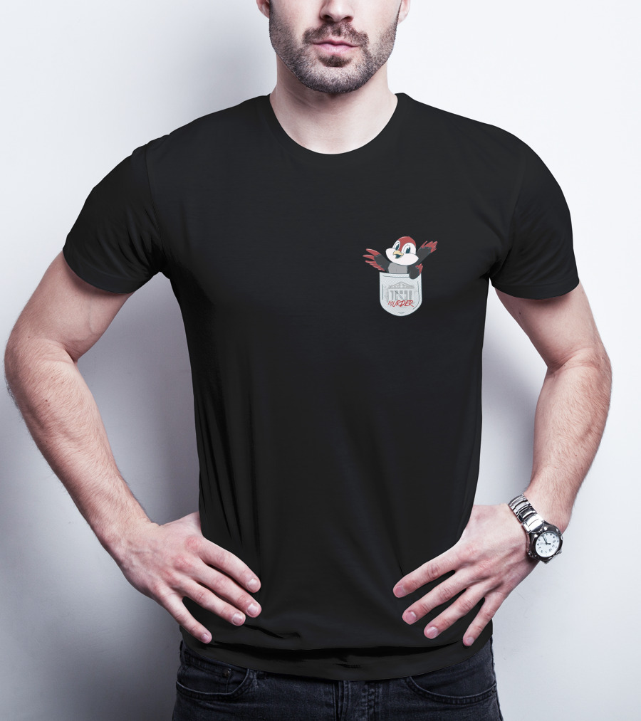 Pocket Robin Cartoon With Murder Text And Small Town House T-Shirt