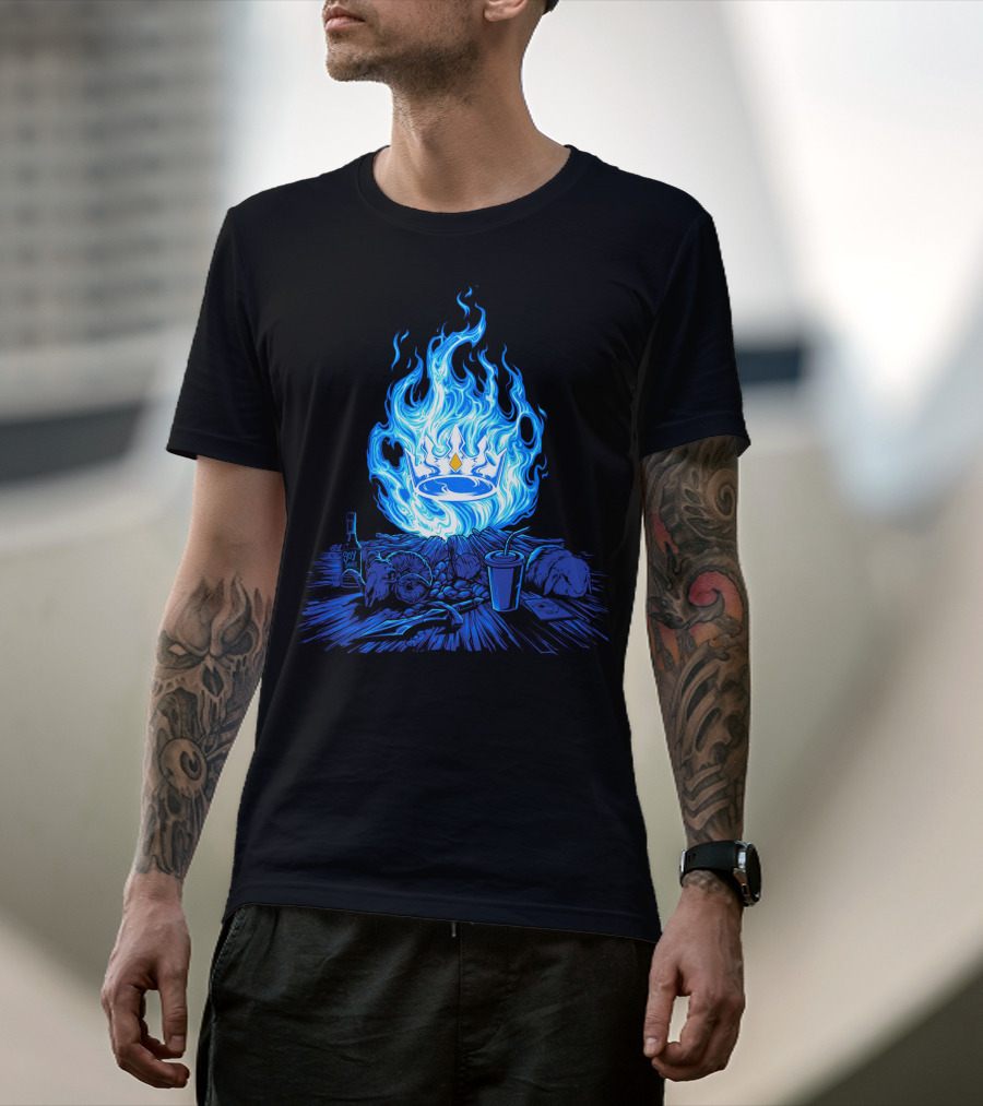 Otk Merch Blue Flame Crown With Tabletop Food And Drinks T-Shirt