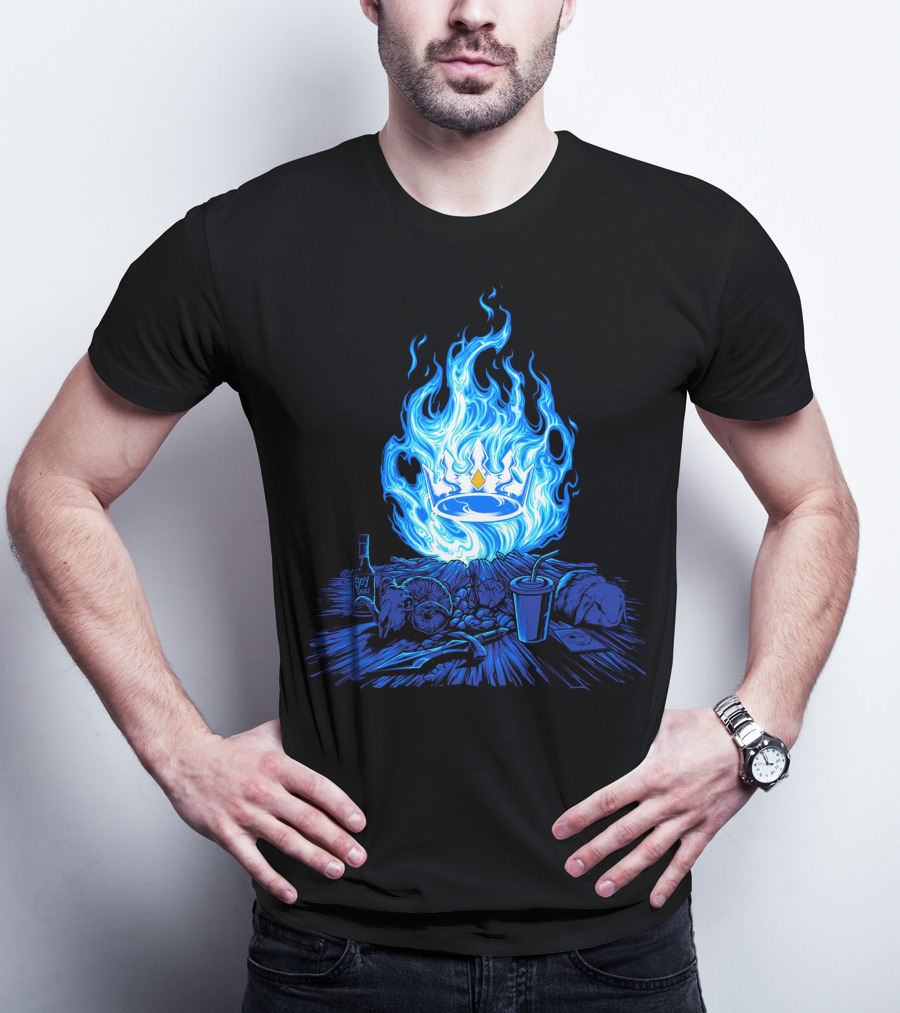 Otk Merch Blue Flame Crown With Tabletop Food And Drinks T-Shirt