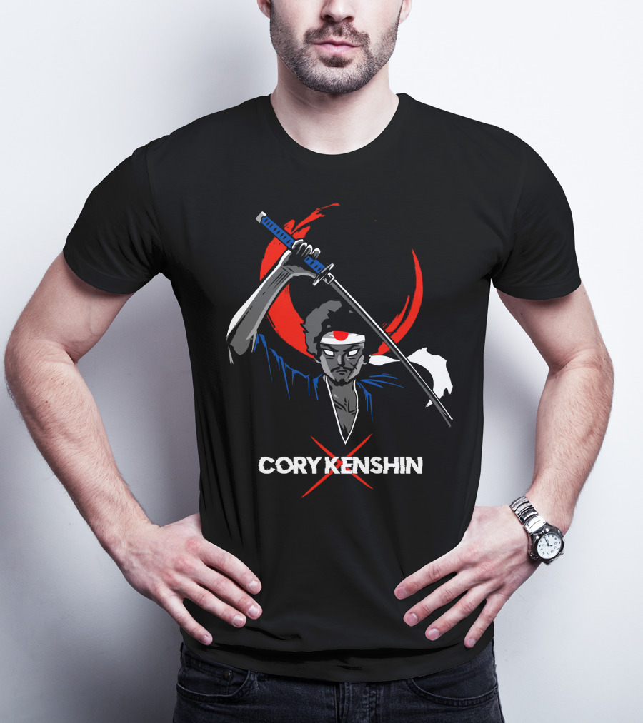 CoryxKenshin Samurai With Sword In Blue Kimono And Red Crescent Background T-Shirt