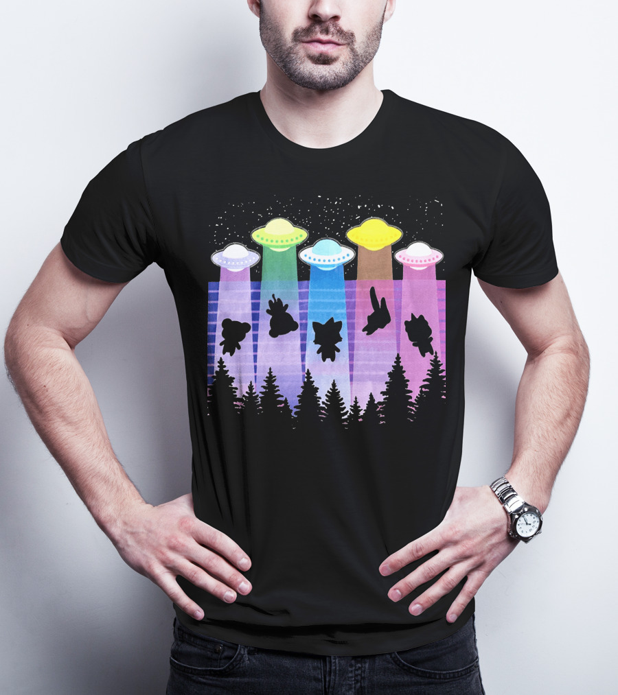 Krewdistrict Flying Saucers Alien Abduction Cartoon Silhouettes Forest Scene T-Shirt