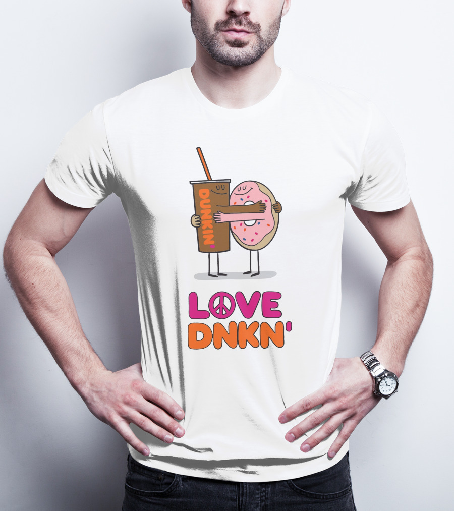 Love Peace Dunkin' Hugging Cartoon Donut And Coffee T-Shirt