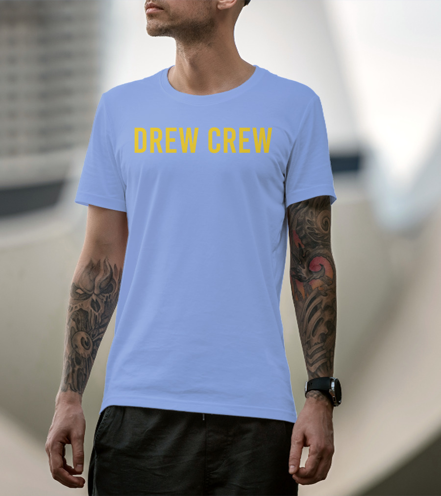 Drew Crew Merch Yellow Text Blue Background T-Shirt