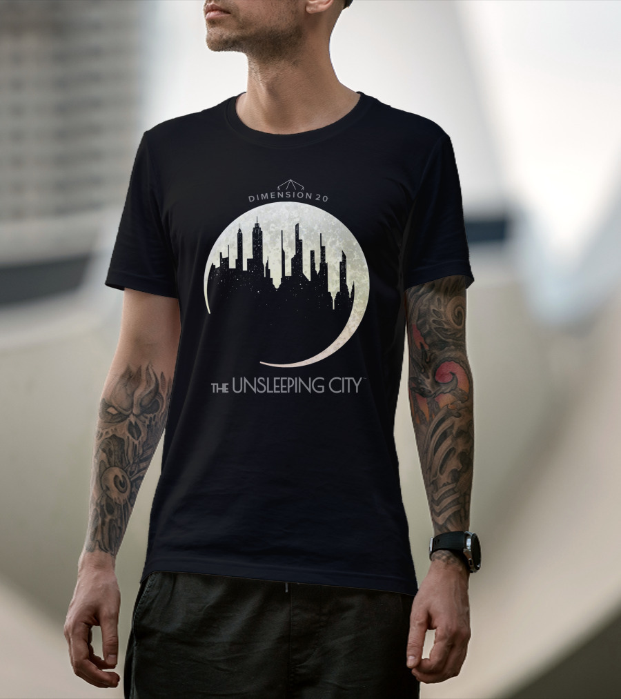Dimension 20 The Unsleeping City Moon Skyline T-Shirt