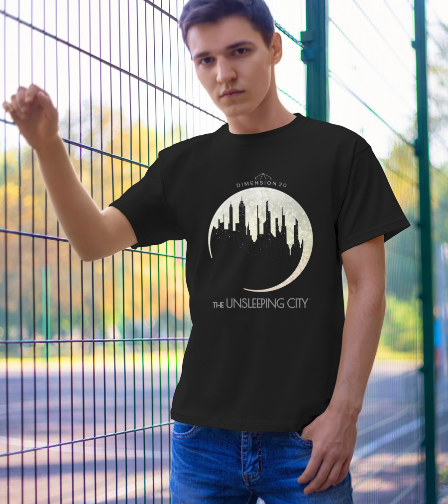 Dimension 20 The Unsleeping City Moon Skyline T-Shirt