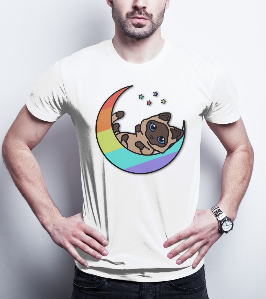 Antfrost Cat On Rainbow Crescent With Stars T-Shirt