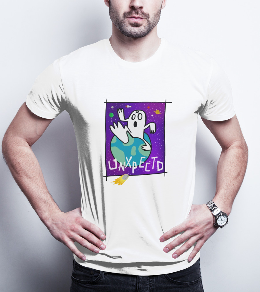 Unxpectd Ghost Mascot Floating In Outer Space With Planets And Asteroids T-Shirt
