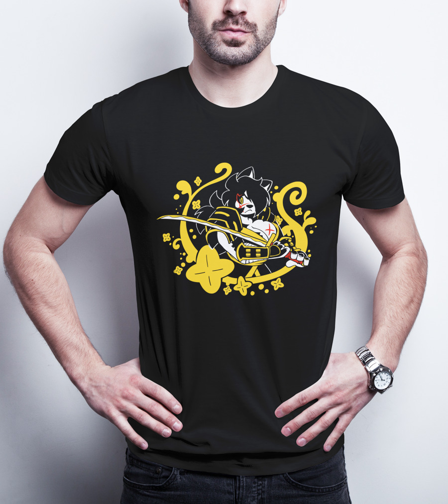 Hachimitsu Samurai Character With Sword And Yellow Floral Motif T-Shirt