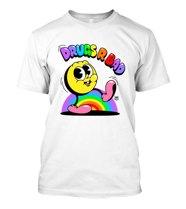 DRUGS R BAD Retro Rainbow Cartoon Smiley T-Shirt
