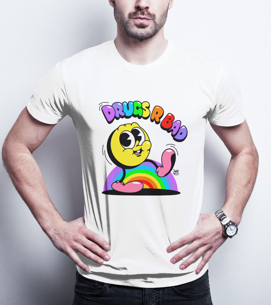 DRUGS R BAD Retro Rainbow Cartoon Smiley T-Shirt