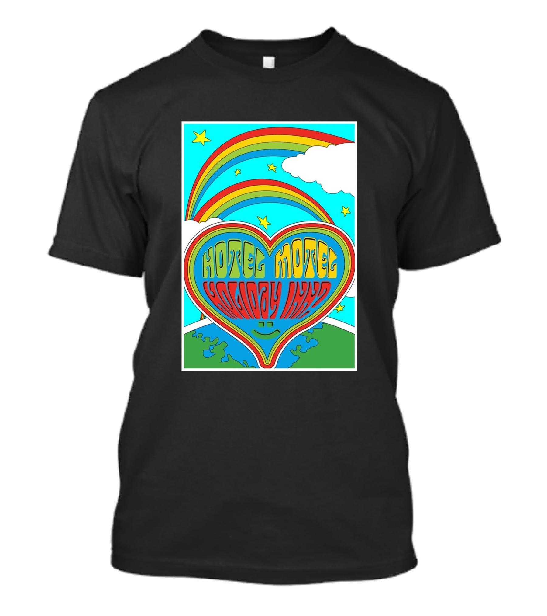 Sarahbaska Hotel Motel Holiday 1973 Rainbow Earth Heart T-Shirt