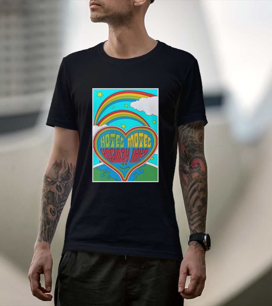 Sarahbaska Hotel Motel Holiday 1973 Rainbow Earth Heart T-Shirt