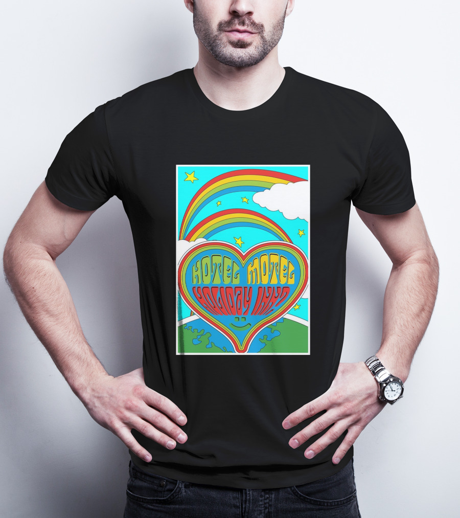 Sarahbaska Hotel Motel Holiday 1973 Rainbow Earth Heart T-Shirt