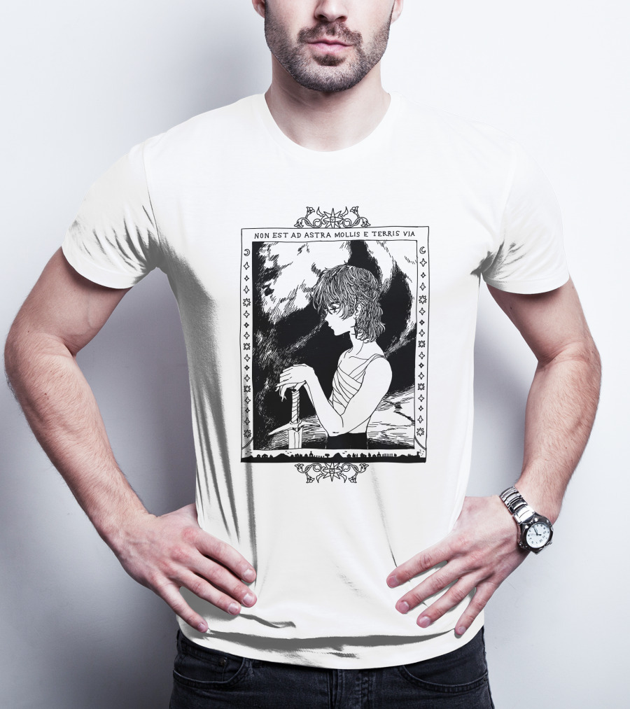 Non Est Ad Astra Mollis E Terris Via Sword-Wielding Figure In Classical Frame T-Shirt