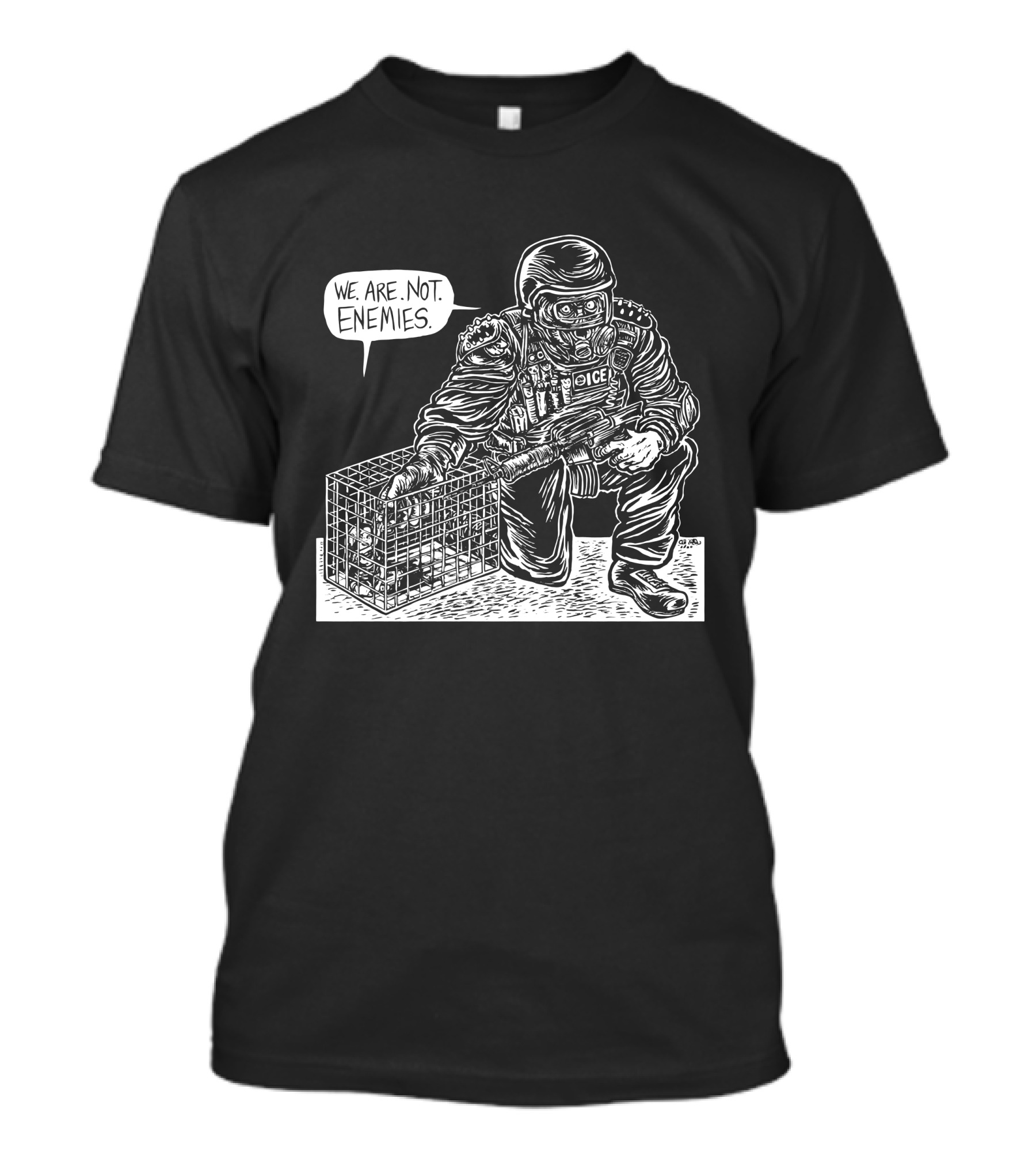 We Are Not Enemies Eli Valley Police Figure Kneeling With Cage T-Shirt