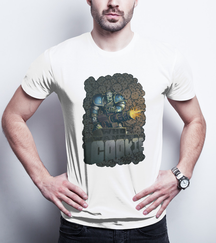 Oxhorn Who Wants A Cookie With Armored Figure And Gun Surrounded By Cookies T-Shirt
