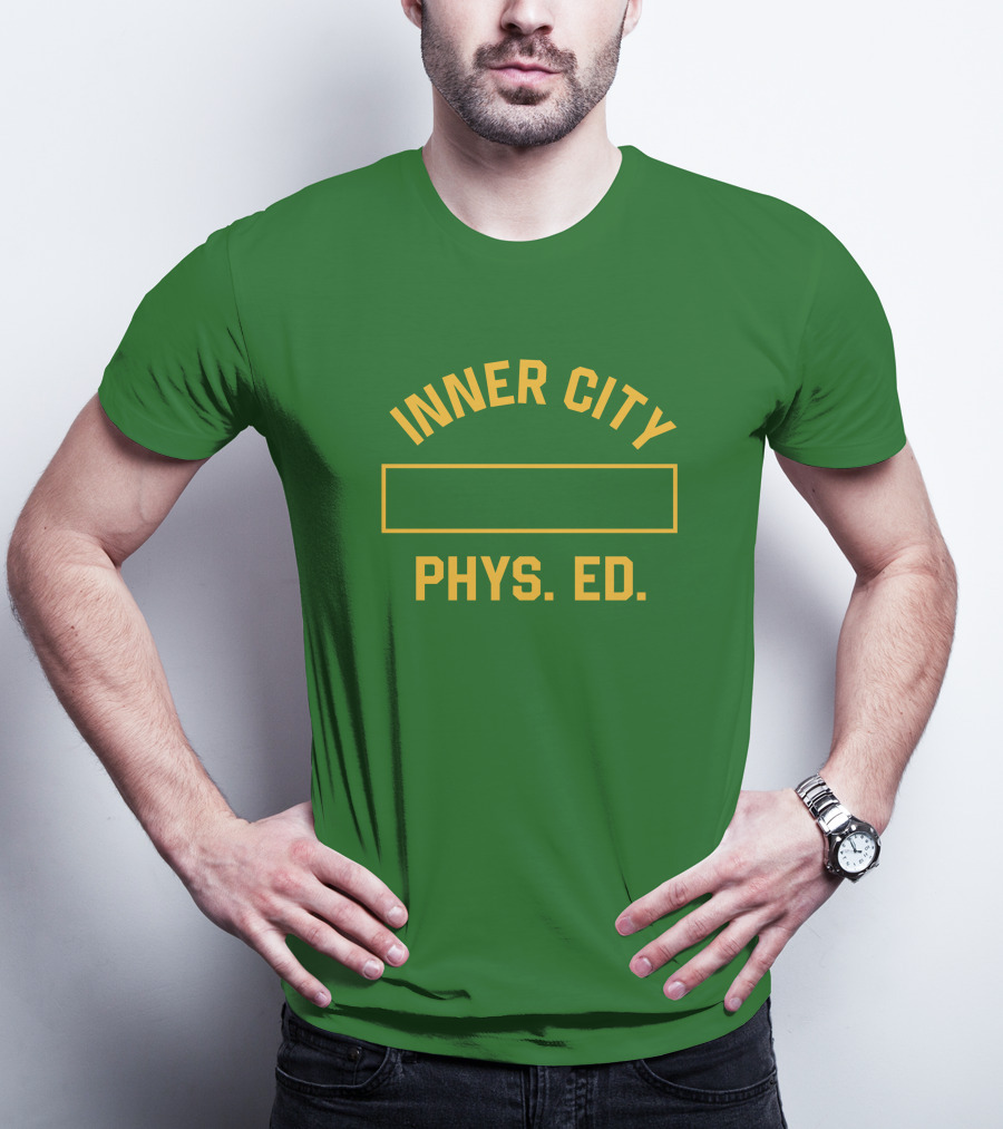 Inner City Phys Ed Green Yellow Block Letters T-Shirt