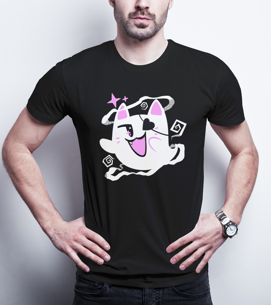 Sharkrobot Merch Goro Is Here Ghost Cat With Heart Eye And Spiral Stars T-Shirt