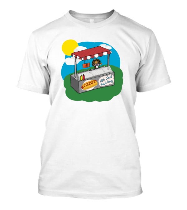 Ash Said Hawt Dawg Stand With Hot Dog And Condiments Under Red Canopy In Cartoon T-Shirt